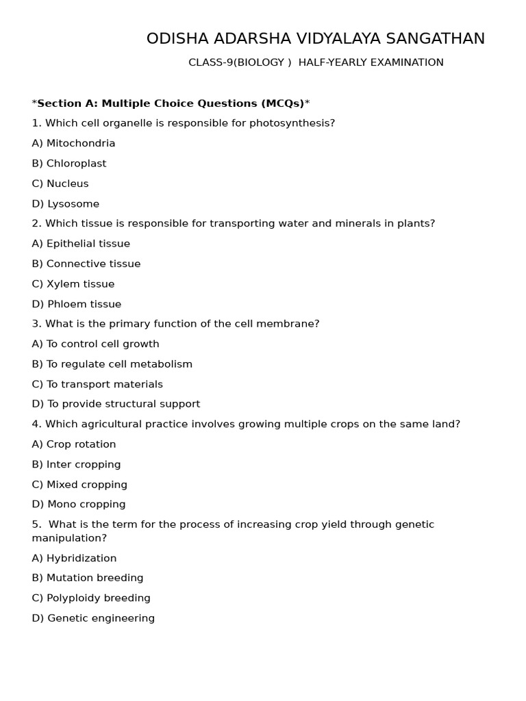CLASS 9 Biology (Half Yearly) Set-3 | PDF | Cell (Biology) | Tissue ...