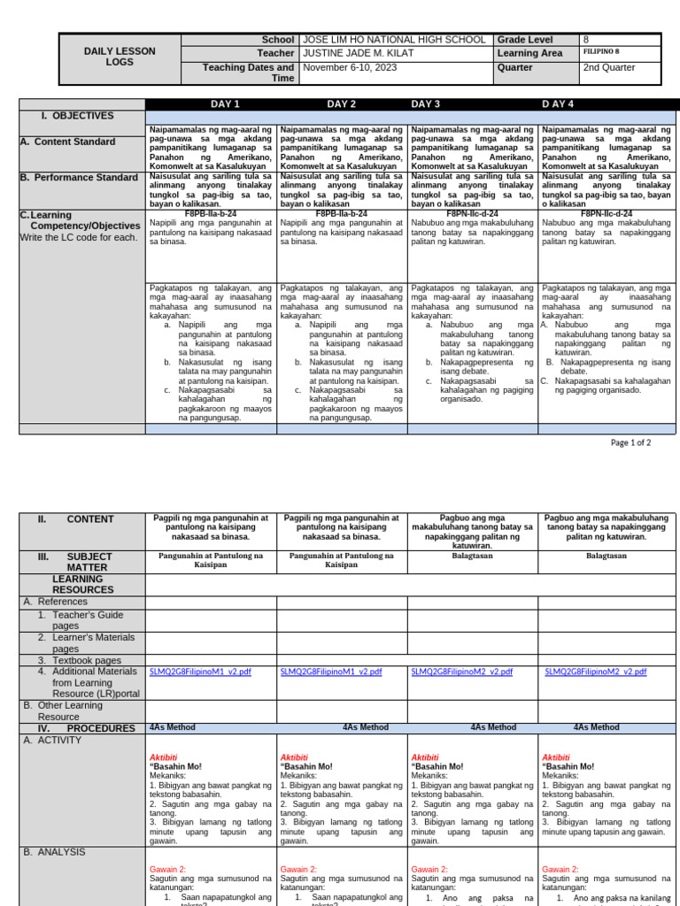 Fil8 November 6 10 6th 2nd Quarter | PDF