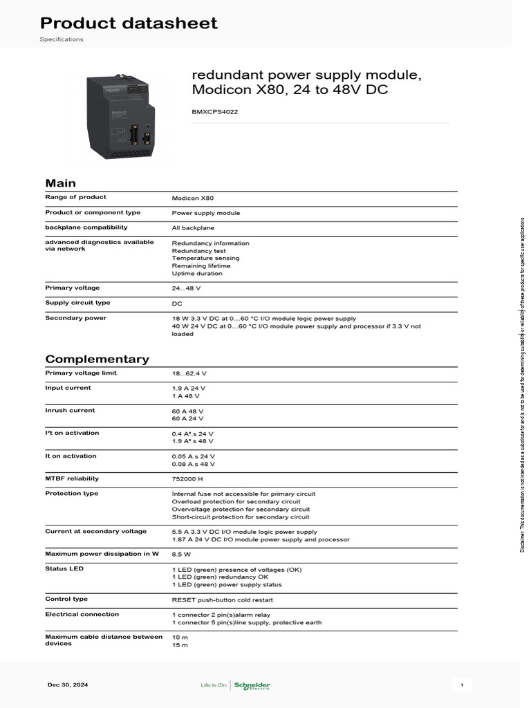 BMS Modicon M580 PLC BMXCPS4022 Specification Sheet | PDF | Power ...