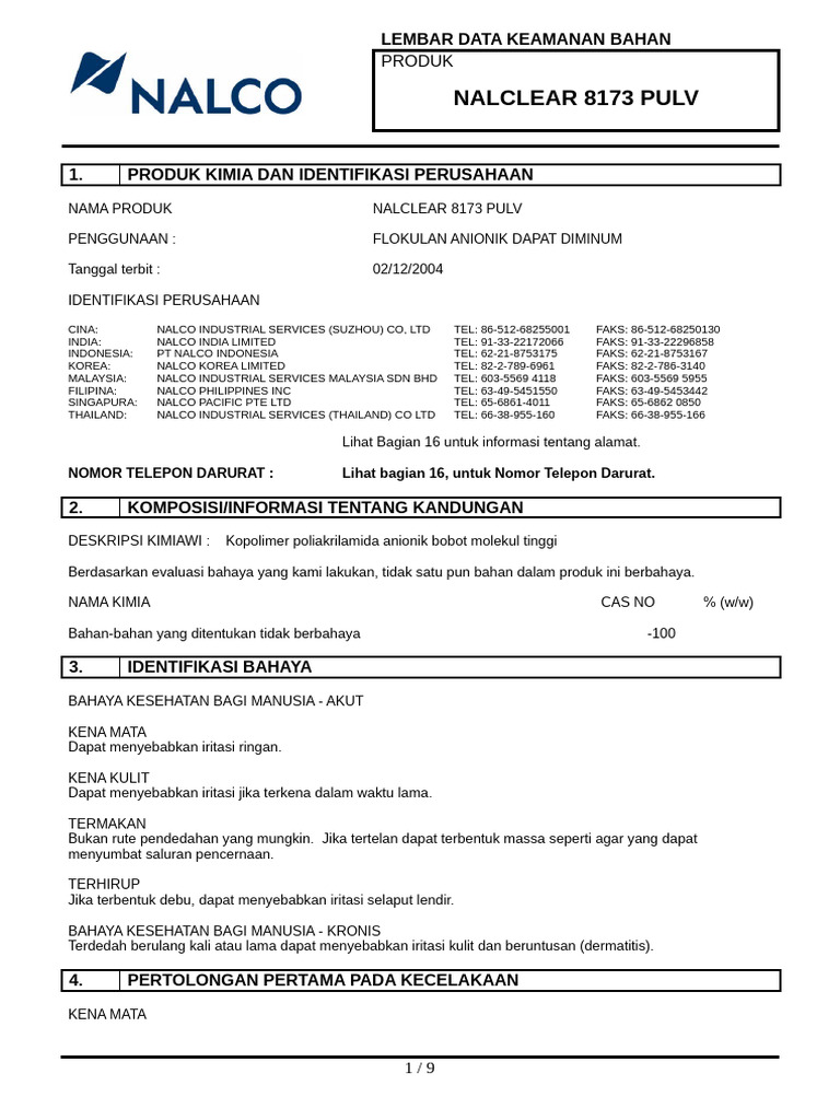 III.029. MSDS Nalco 8173 PULV | PDF