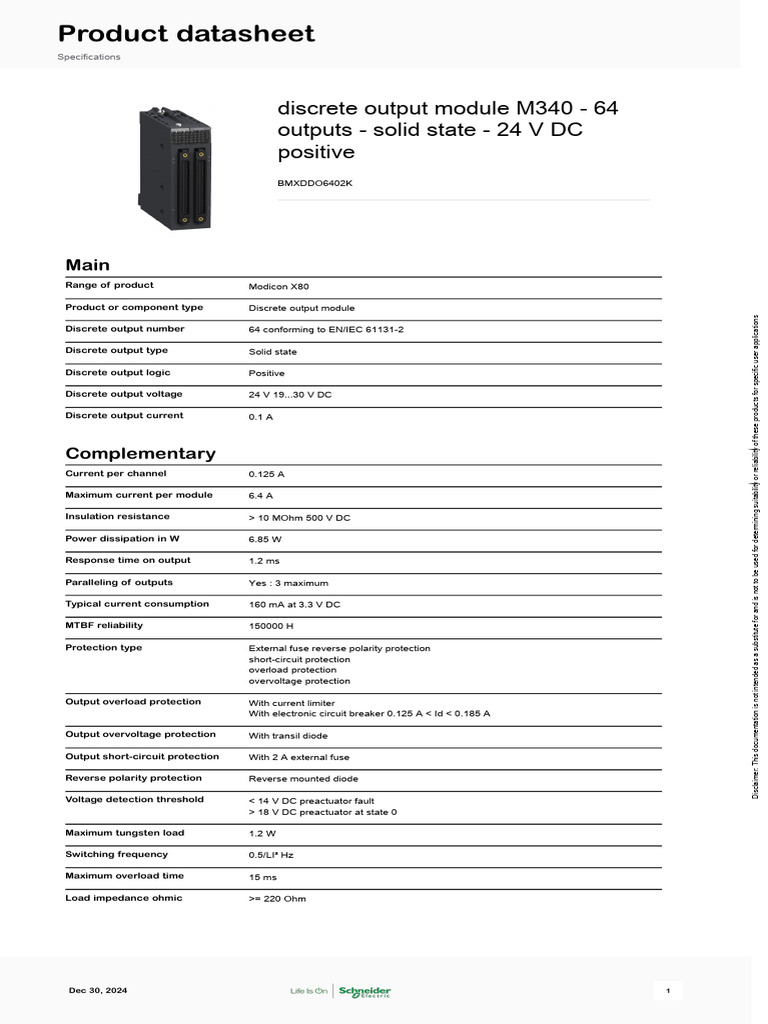 BMS Modicon M580 PLC BMXDDO6402K Specification Sheet | PDF | Power ...