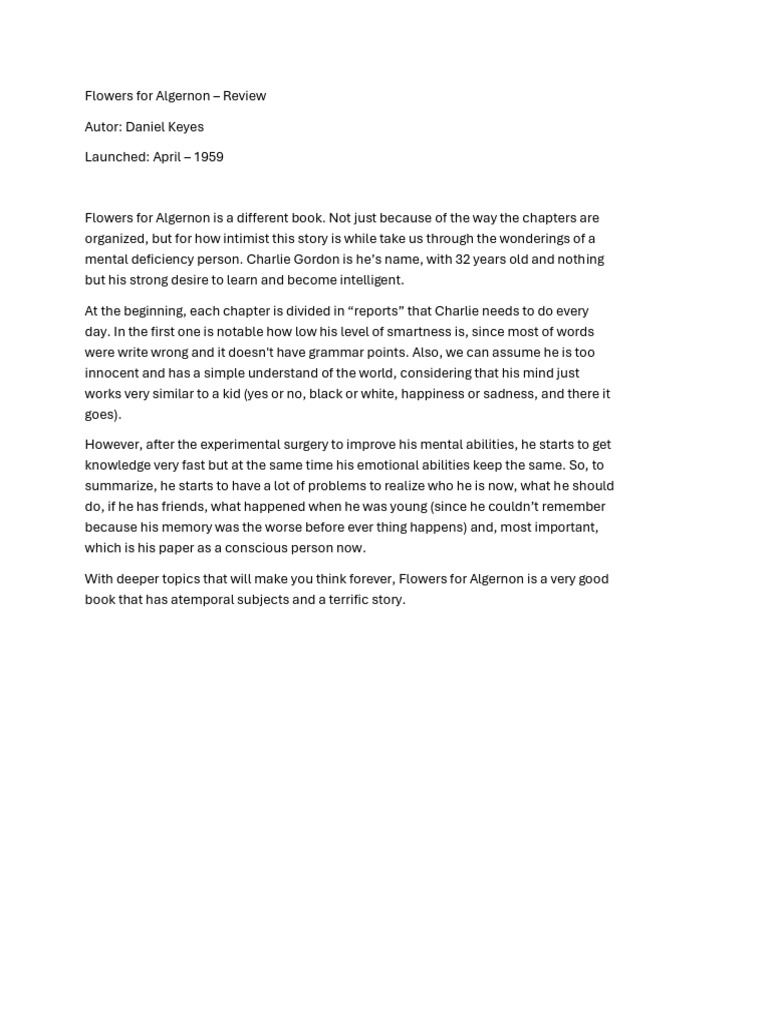 Flowers for Algernon Book Review | PDF