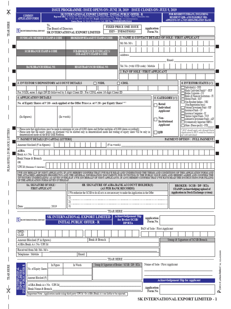 SK International Export IPO Application Form | PDF | Securities (Finance) | Equity (Finance)