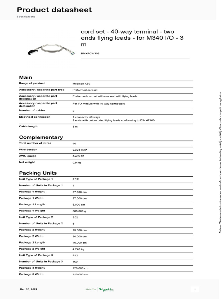 BMS Modicon M580 PLC BMXFCW303 Specification Sheet | PDF | Electrical ...