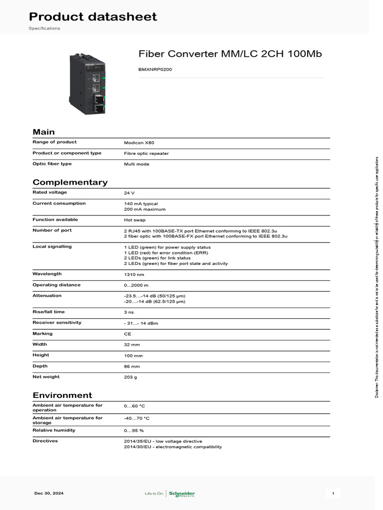 BMS Modicon M580 PLC BMXNRP0200 Specification Sheet | PDF | Optical ...