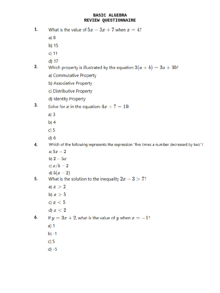 Basic Algebra Review Questionnaire | PDF