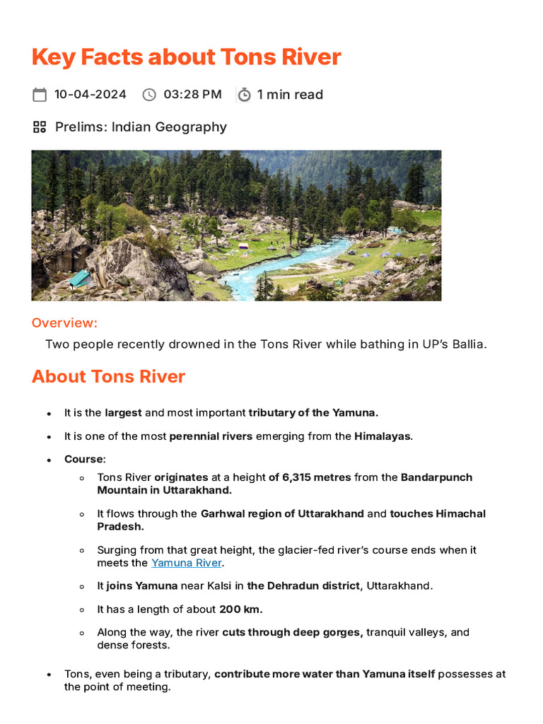 Key Facts About Tons River | PDF