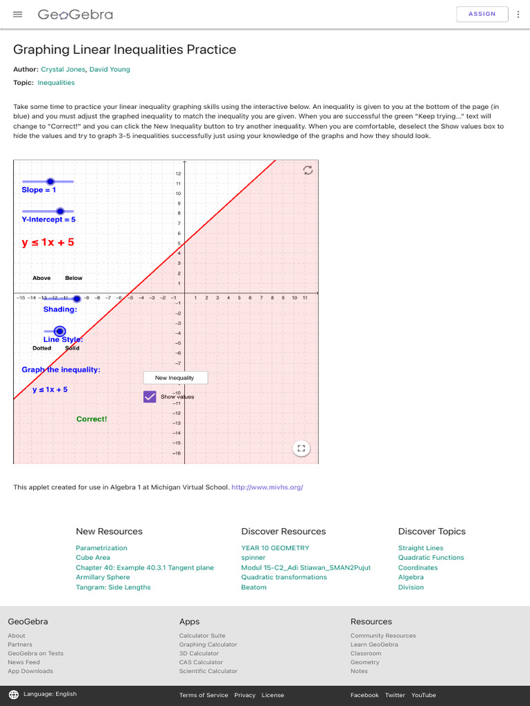 Graphing Linear Inequalities Practice - GeoGebra | PDF | Geometry | Mathematics