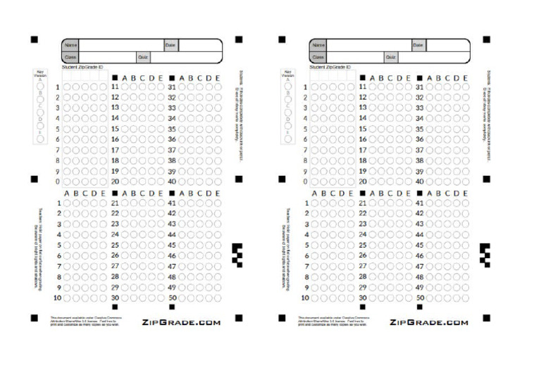 Zip Grade 50 Question V2 | PDF
