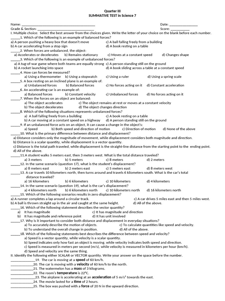 Quarter III SUMMATIVE TEST NO 1 | PDF | Velocity | Speed