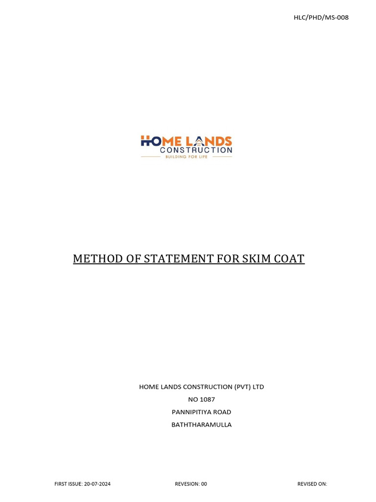 Method Statement For Skim Coat | PDF | Quality Assurance | Personal Protective Equipment