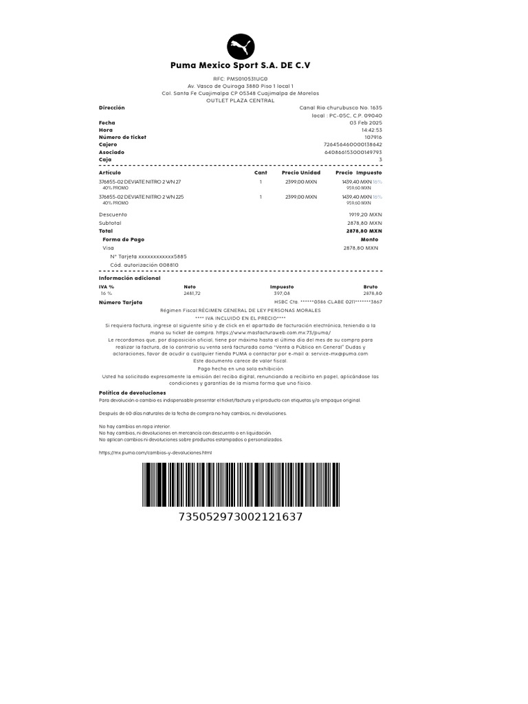Puma Mexico Sport S.A. DE C.V - Receipt - 20250203 - 144253 | PDF | Factura