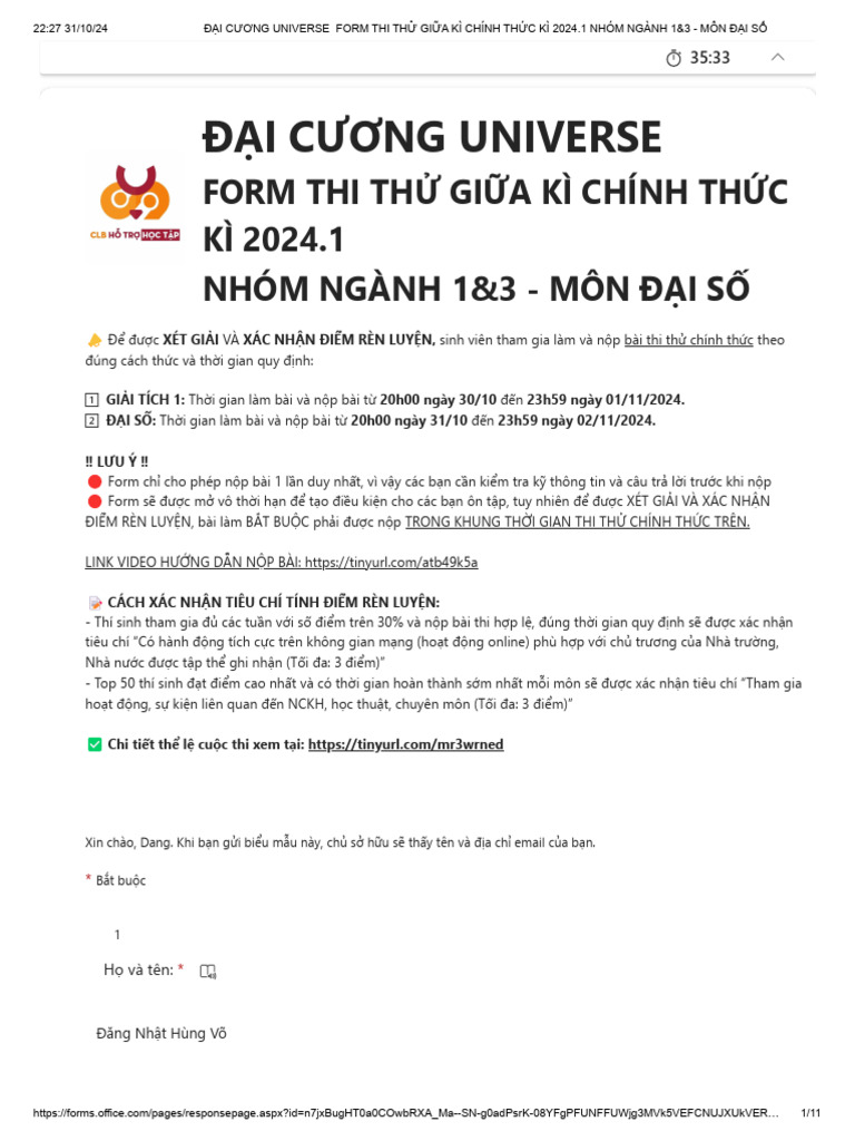 Đại Cương Universe Form Thi Thử Giữa Kì Chính Thức Kì 2024.1 Nhóm Ngành 1&3 - Môn Đại Số | PDF