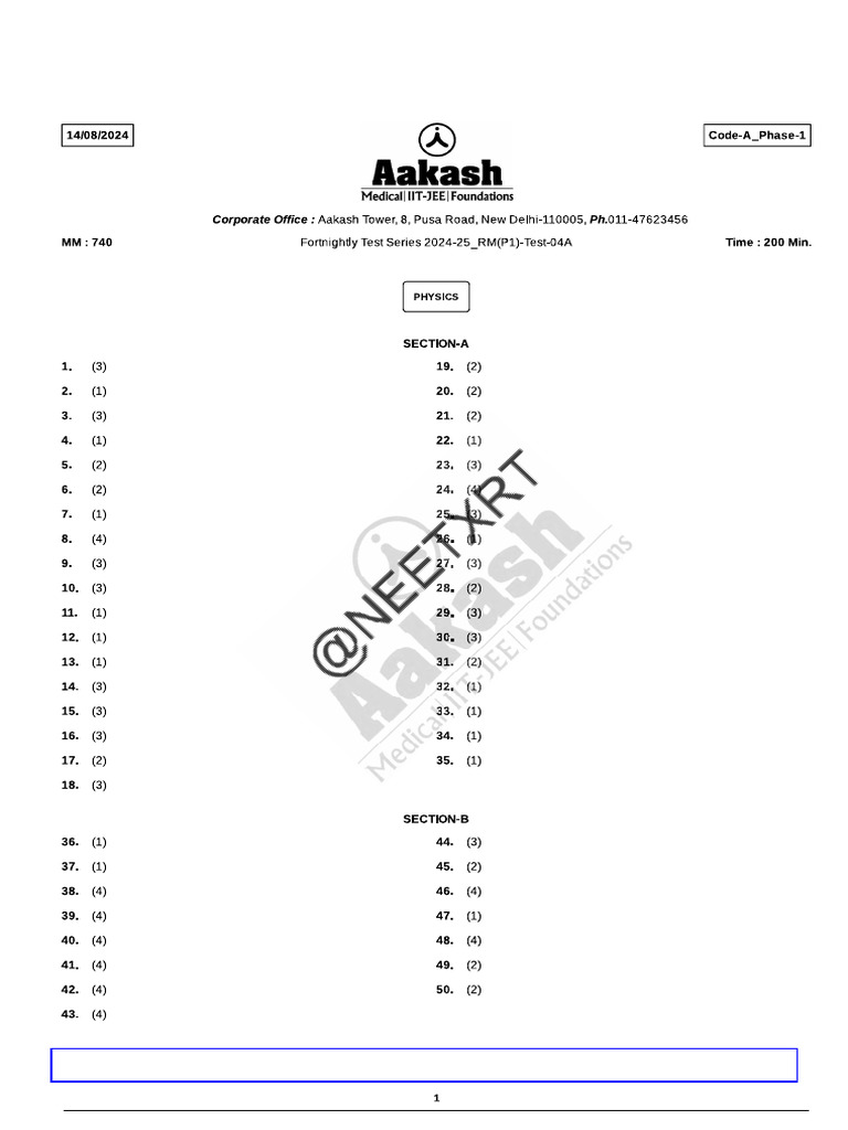 FT 04 Code A Phase 01 Answer Key by @neetxrt - 240901 - 000456 | PDF