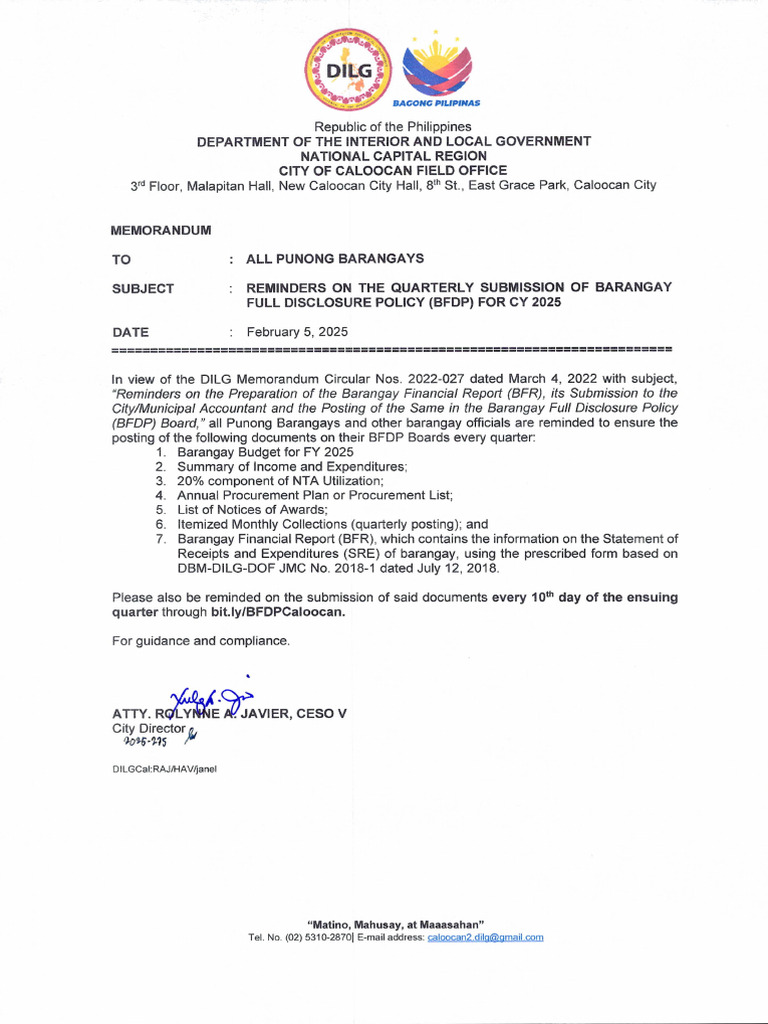 Memo To PBs Reminders On The Quarterly Submission of Barangay Full ...