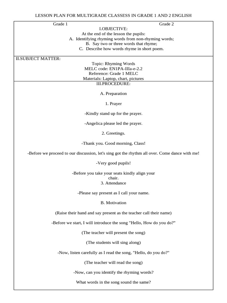 Rhyming Words Lesson Plan for Grades 1-2 | PDF