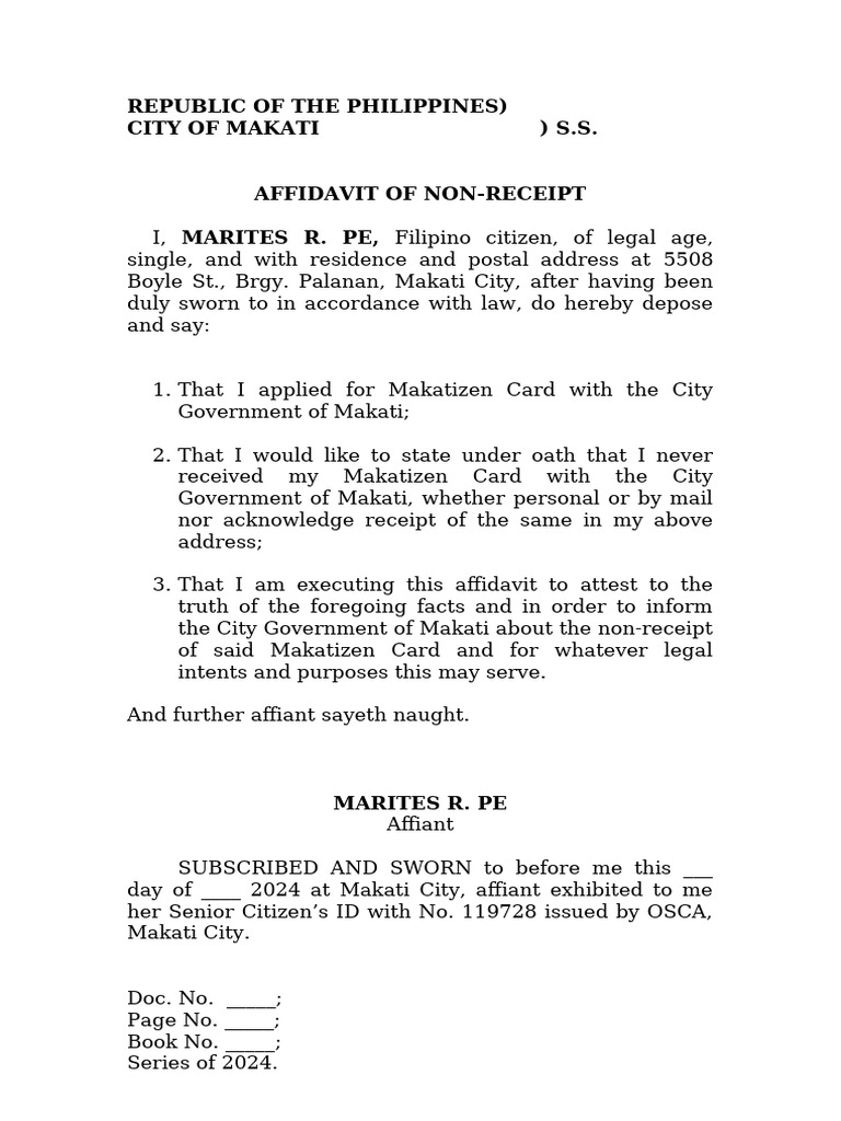 Non Receipt Makatizen Card | PDF | Affidavit | Legal Procedure