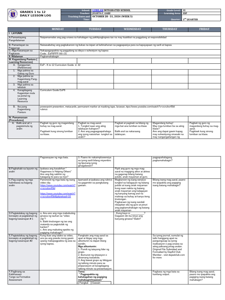 DLL - Esp 6 - Q2 - W5 | PDF