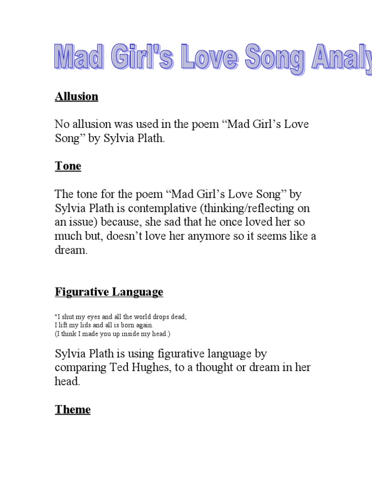 Mad Girl's Love Song Analysis | PDF | Sylvia Plath | Poetry