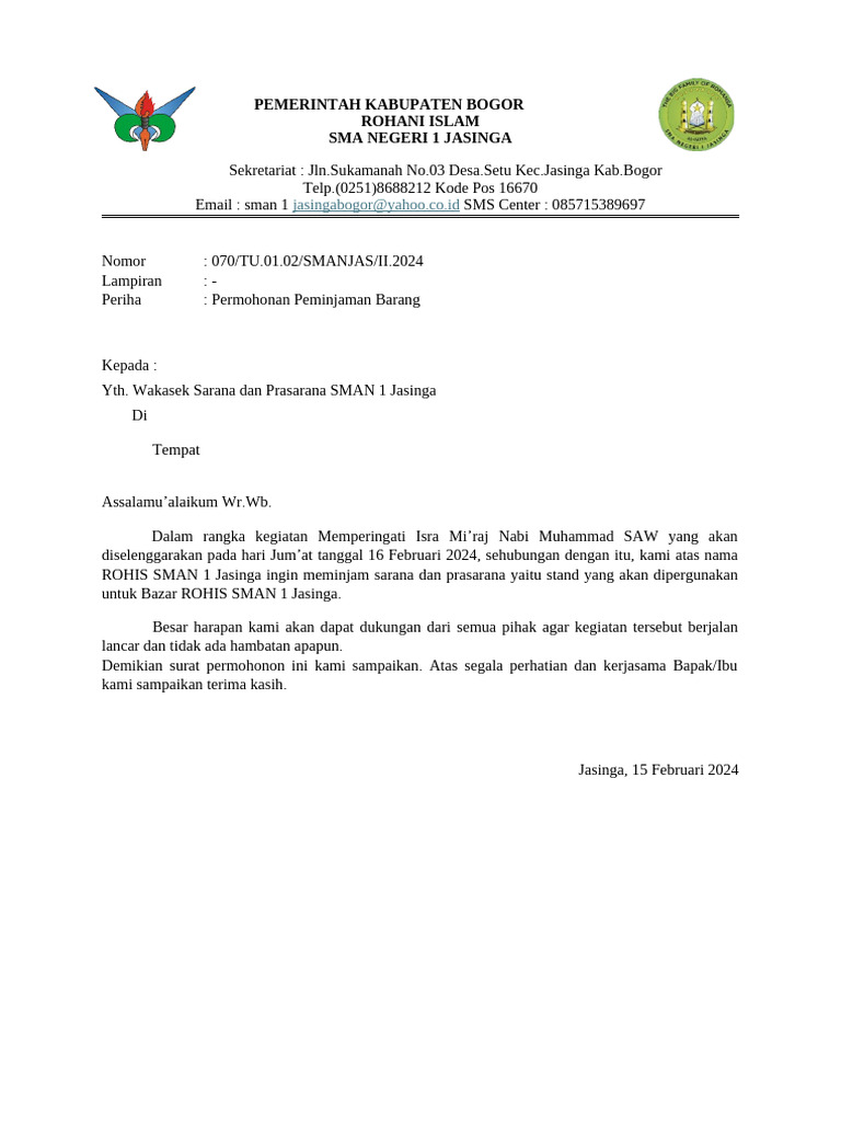 Surat Peminjaman ROHIS | PDF