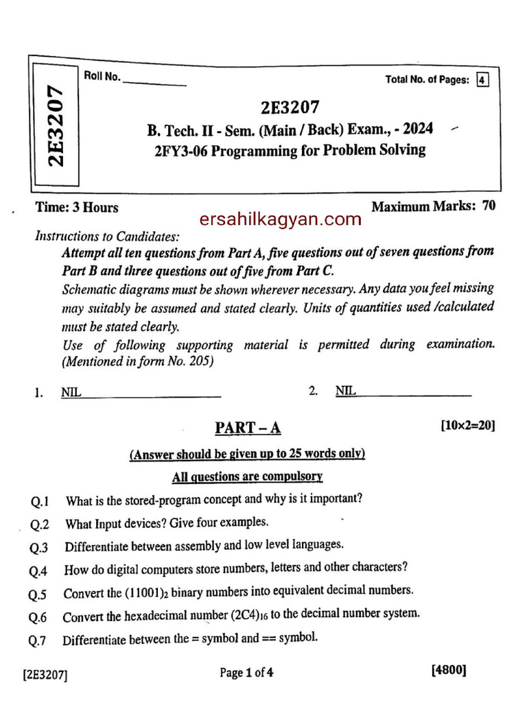 Btech 2 Sem Programming for Problem Solving 2e3207 2024 | PDF