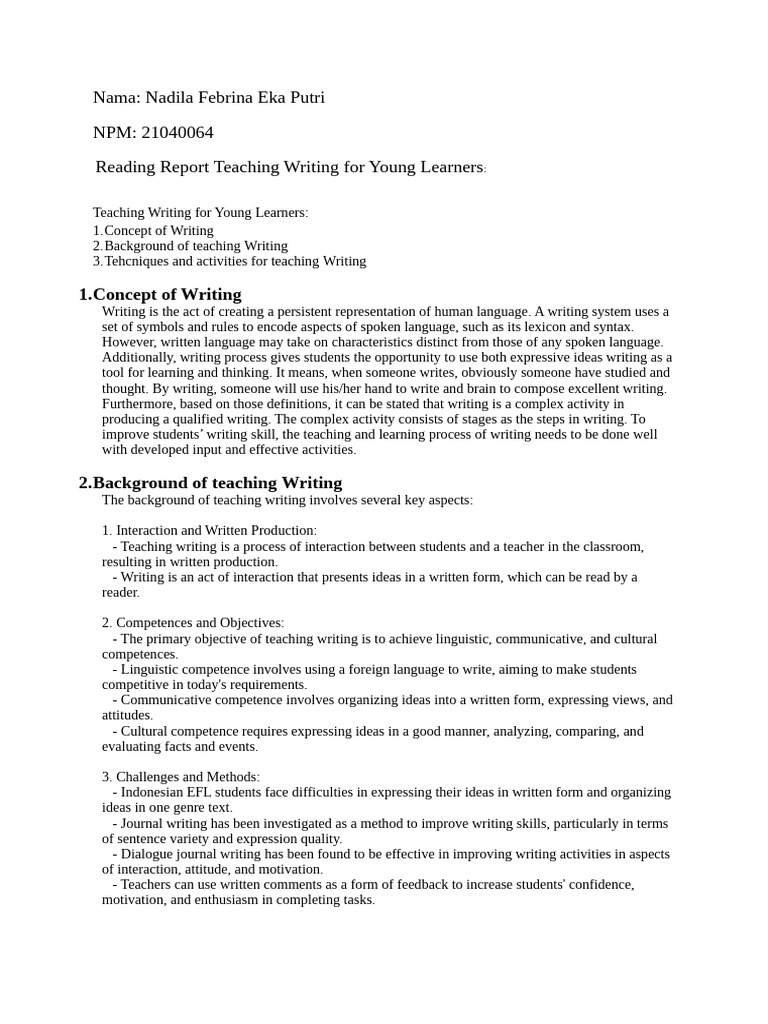 (Nadila) Reading Report Teaching Writing For Young Learners | PDF ...