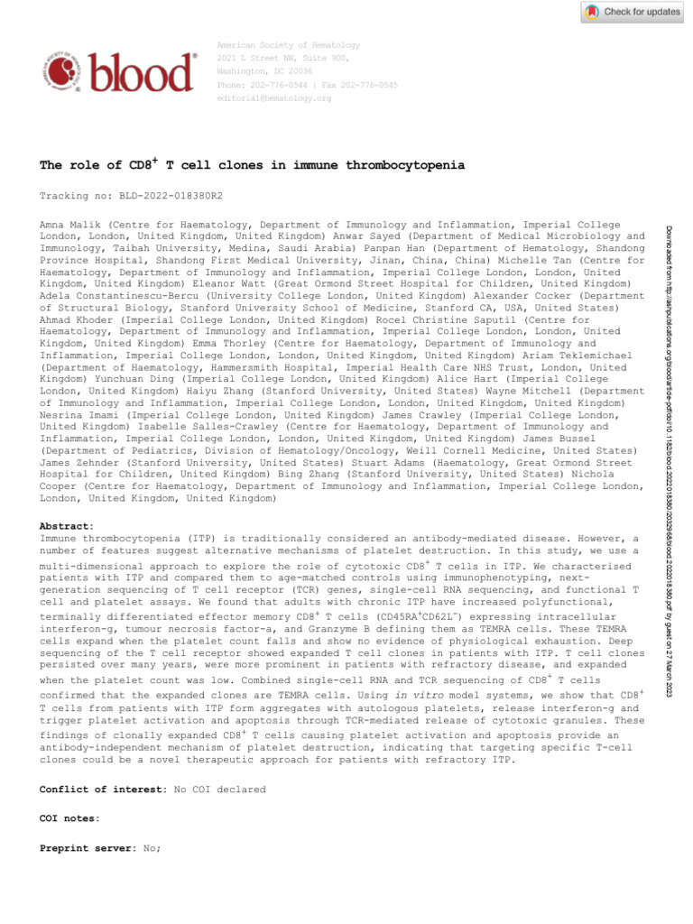 CD8+ T Cells in ITP | PDF | Cytotoxic T Cell | Hematology