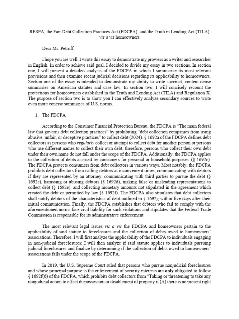 RESPA, The Fair Debt Collection Practices Act (FDCPA), and The Truth in ...
