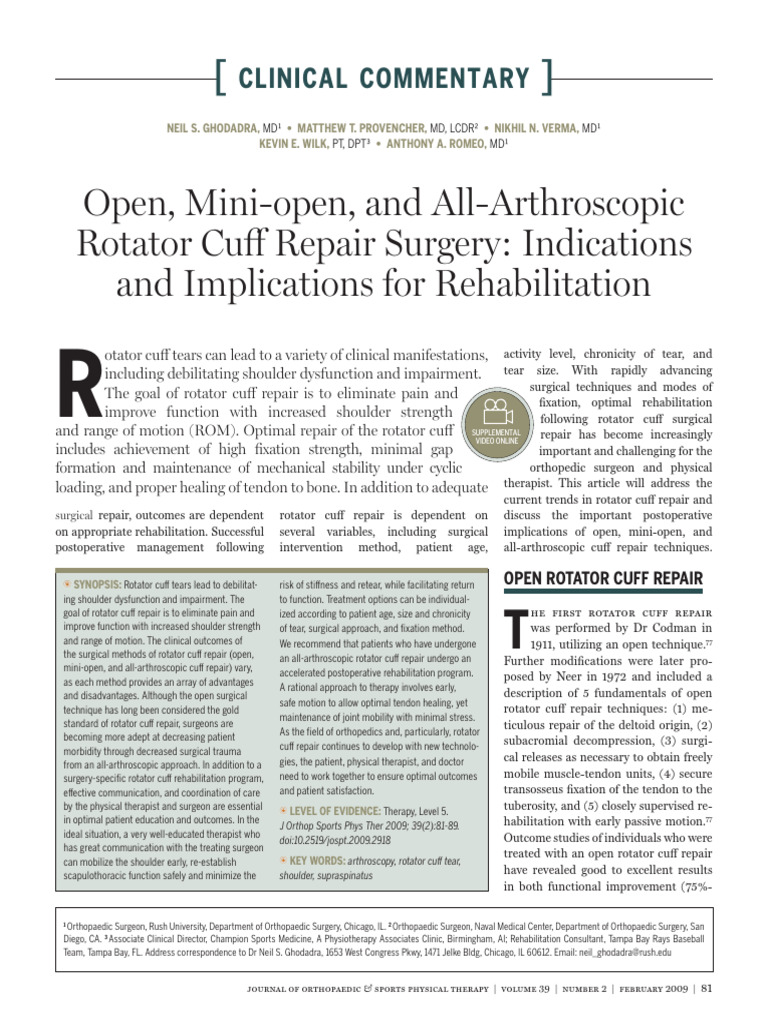 Open, Mini-open, And All-Arthroscopic Rotator Cuff Repair Surgery.pdf | PDF | Physical Therapy ...
