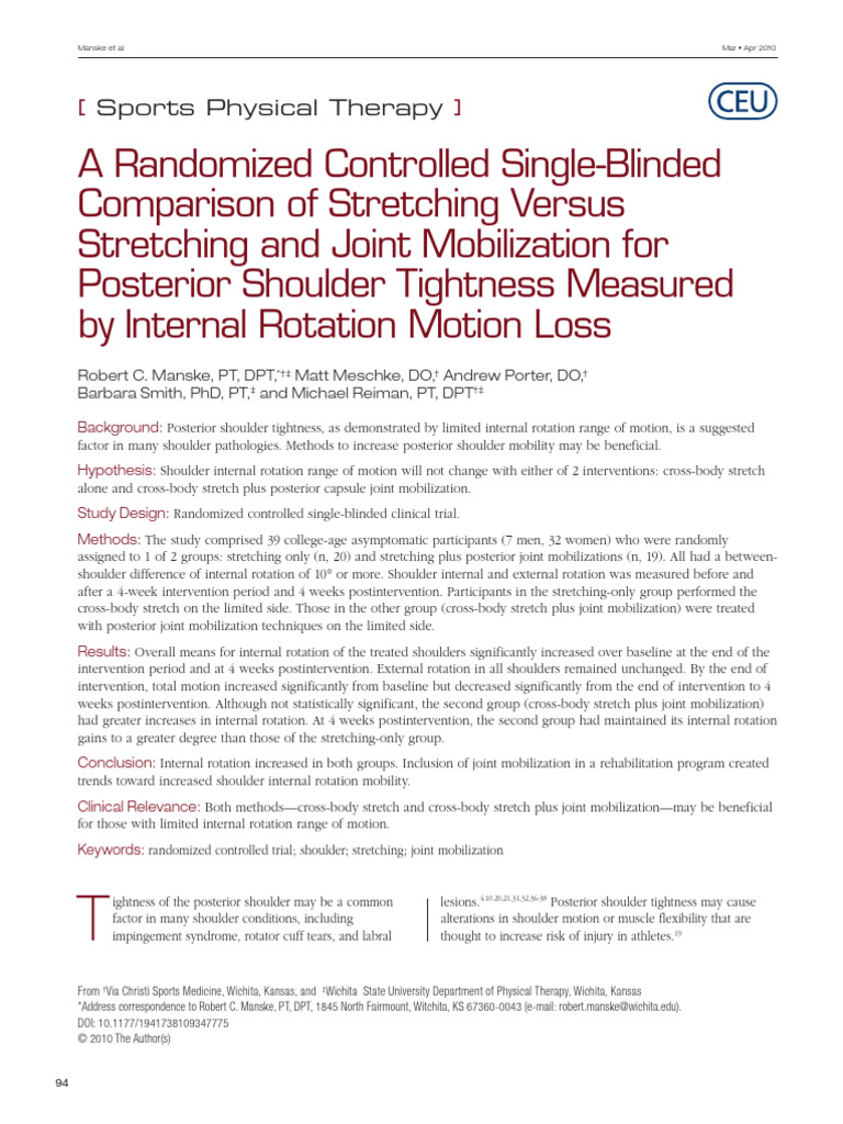 Comparison Of Stretching Versus Stretching And Joint Mobilization For Posterior Shoulder