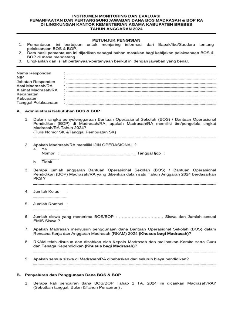 Instrumen Monev Bos & Bop 2024 | PDF