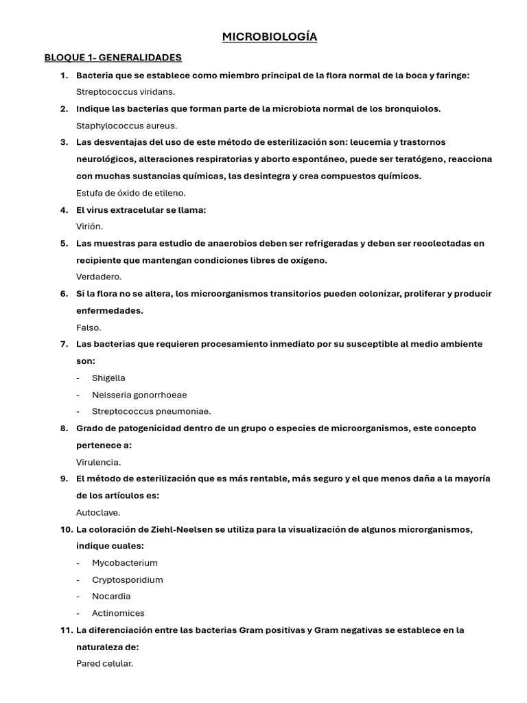 Microbiología Cuestionario Completo | PDF | Esterilización (Microbiología) | Las bacterias