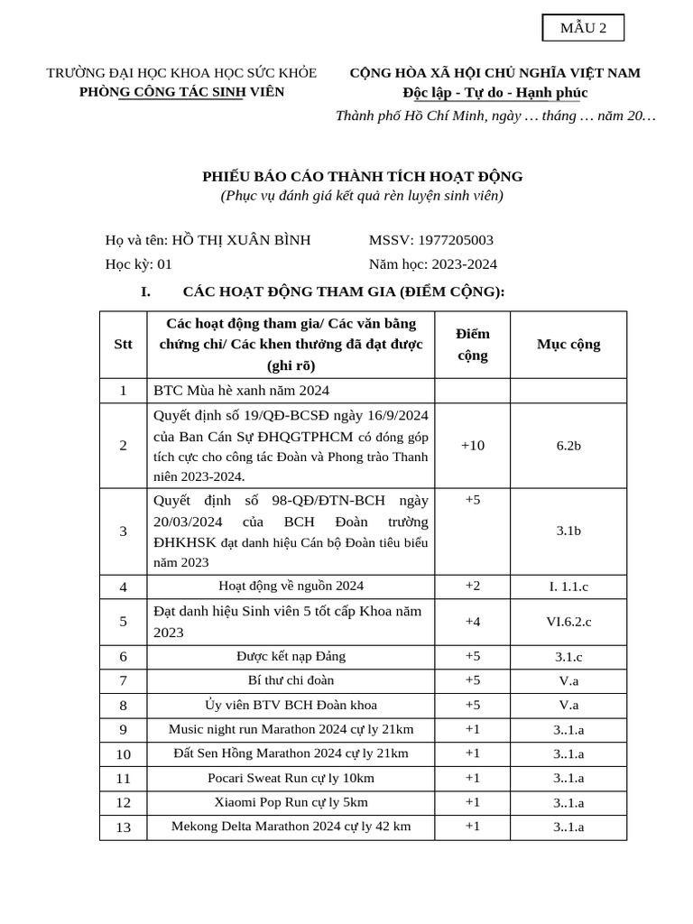 Mau 2 - Phieu Bao Cao Thanh Tich Hoat Dong | PDF