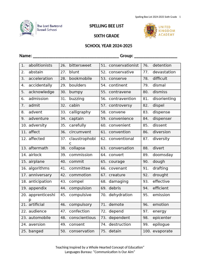 Sixth Grade Spelling Bee List 25 Completo | PDF