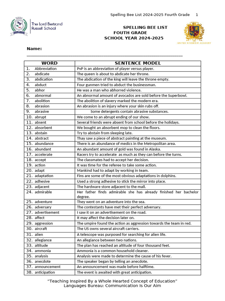 Spelling-Bee-5th Grade exaMPLE SENTENCES | PDF