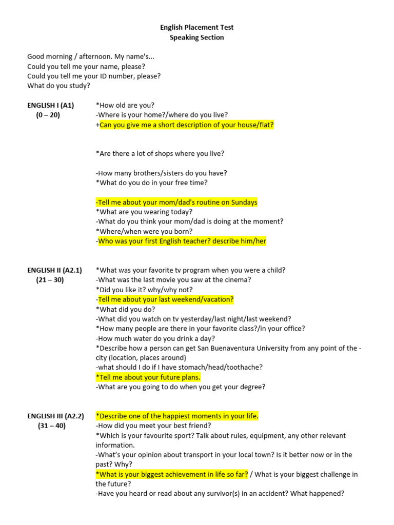 English Placement Test Speaking Section 2020-1 | PDF