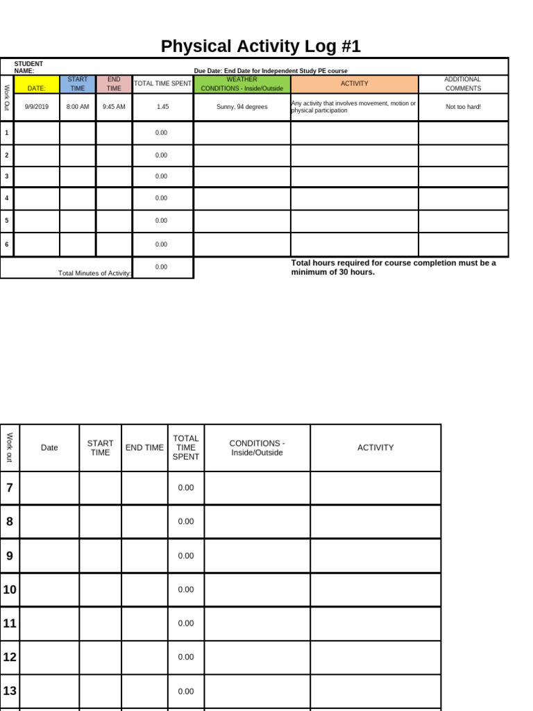 Physical Activity Log 1 | PDF