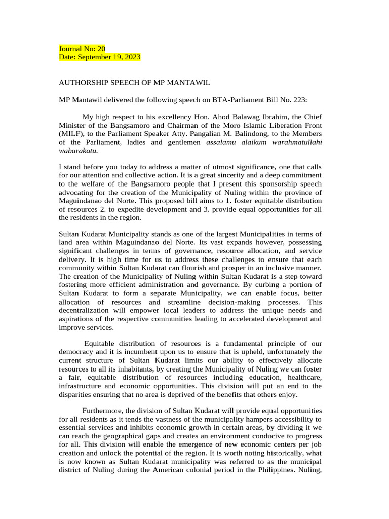 Authorship Speech of MP Mantawil On Bta Parliament Bill No. 223 | PDF