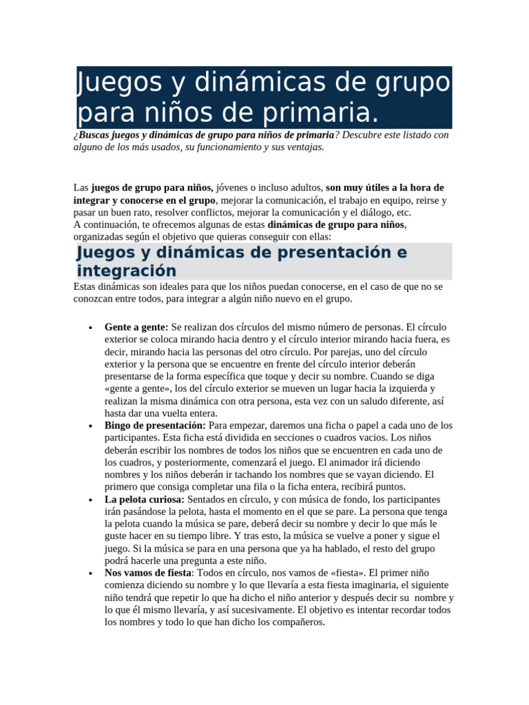 Dinámicas de Grupo para Niños de Primaria | PDF