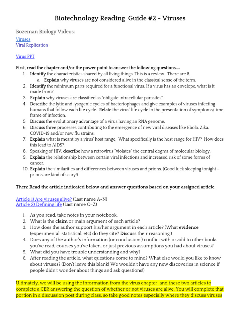 Biotech Reading Guide N2 - Viruses | PDF | Virus | Hiv