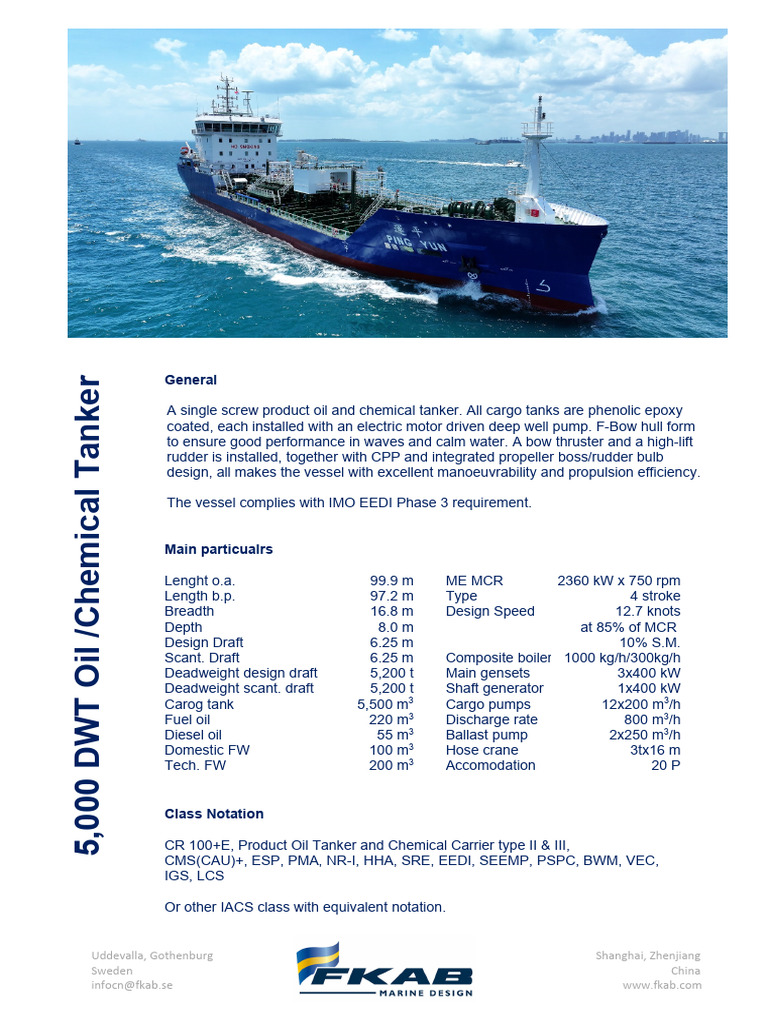 Product Data Sheet 5000t Tanker | PDF | Oil Tanker | Shipping