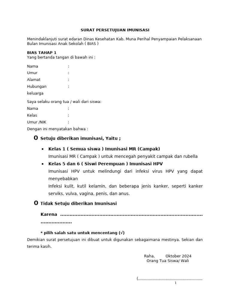 SURAT PERSETUJUAN IMUNISASI Edit Tahap 1 | PDF