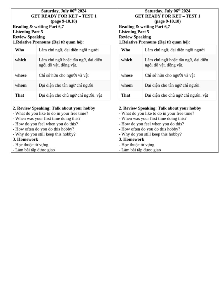 KET - C2 - Test 1 - R67, L5, Review S - 06.07 | PDF