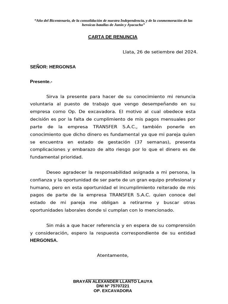 Carta de Renuncia Brayan Alexander | PDF