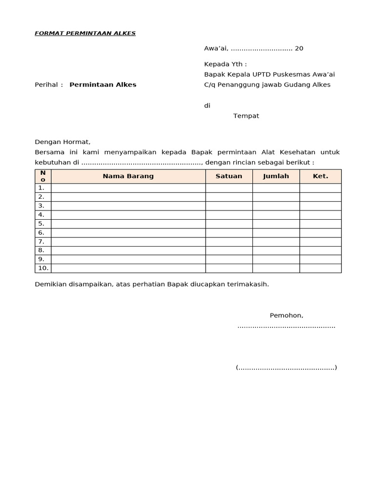 Format Permintaan Alkes | PDF