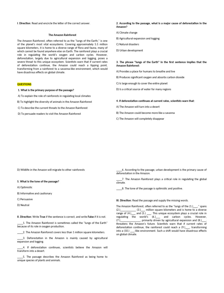 Amazon Reading Skill Practice | PDF | Amazon Rainforest | Deforestation