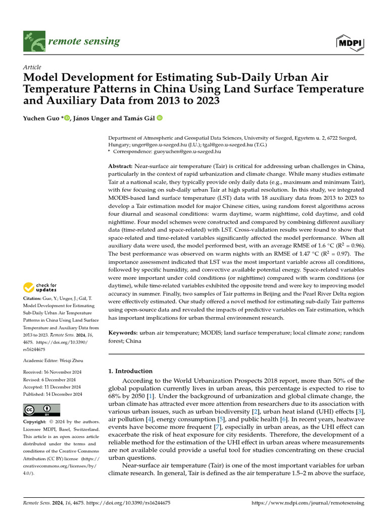 Model Development for Estimating Sub-Daily Urban Air Temperature | PDF | Climate | Meteorology