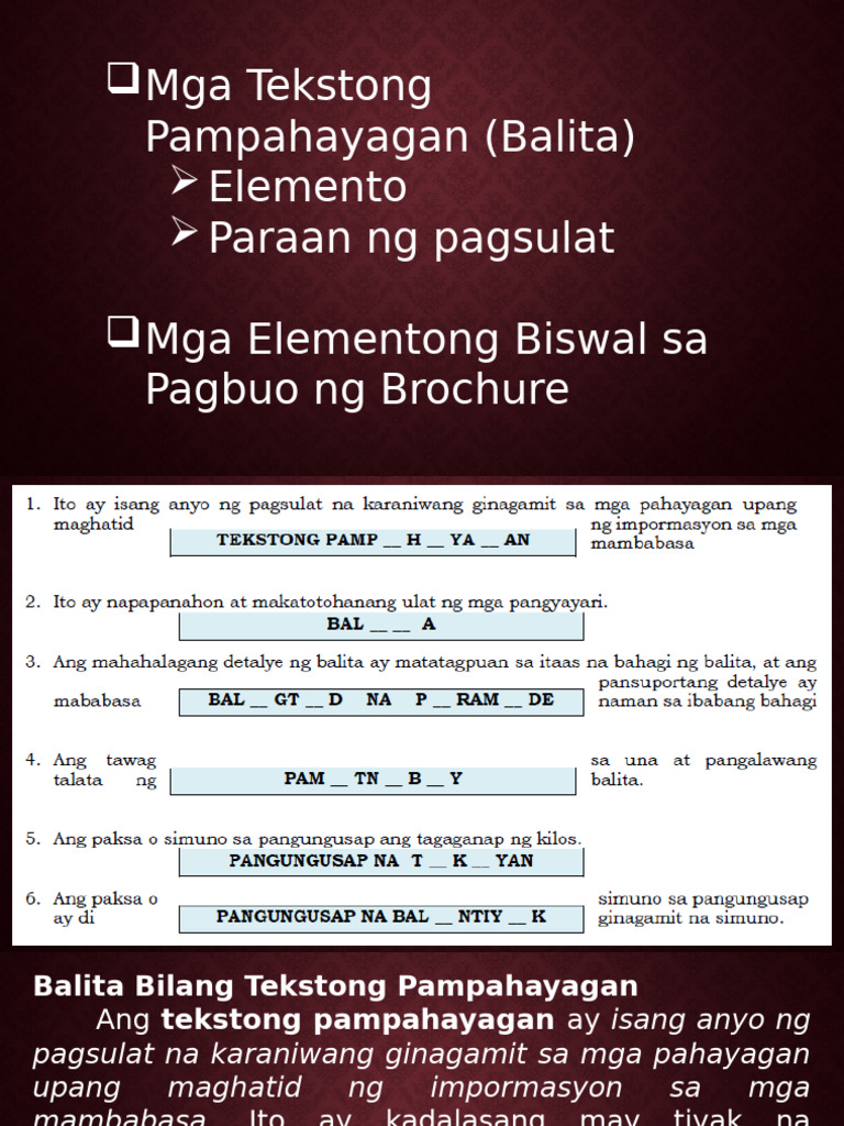 Mga Tekstong Pampahayagan (Balita) Elemento Paraan NG Pagsulat Mga ...
