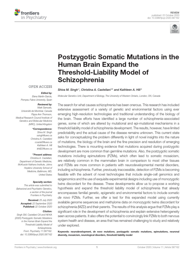 Postzygotic Mutations and Schizophrenia | PDF | Mutation | Epigenetics
