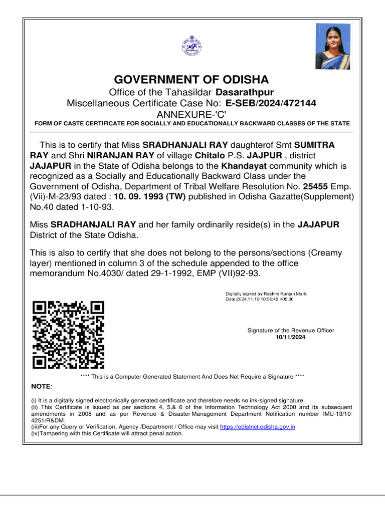 Caste Certificate for Khandayat Community | PDF